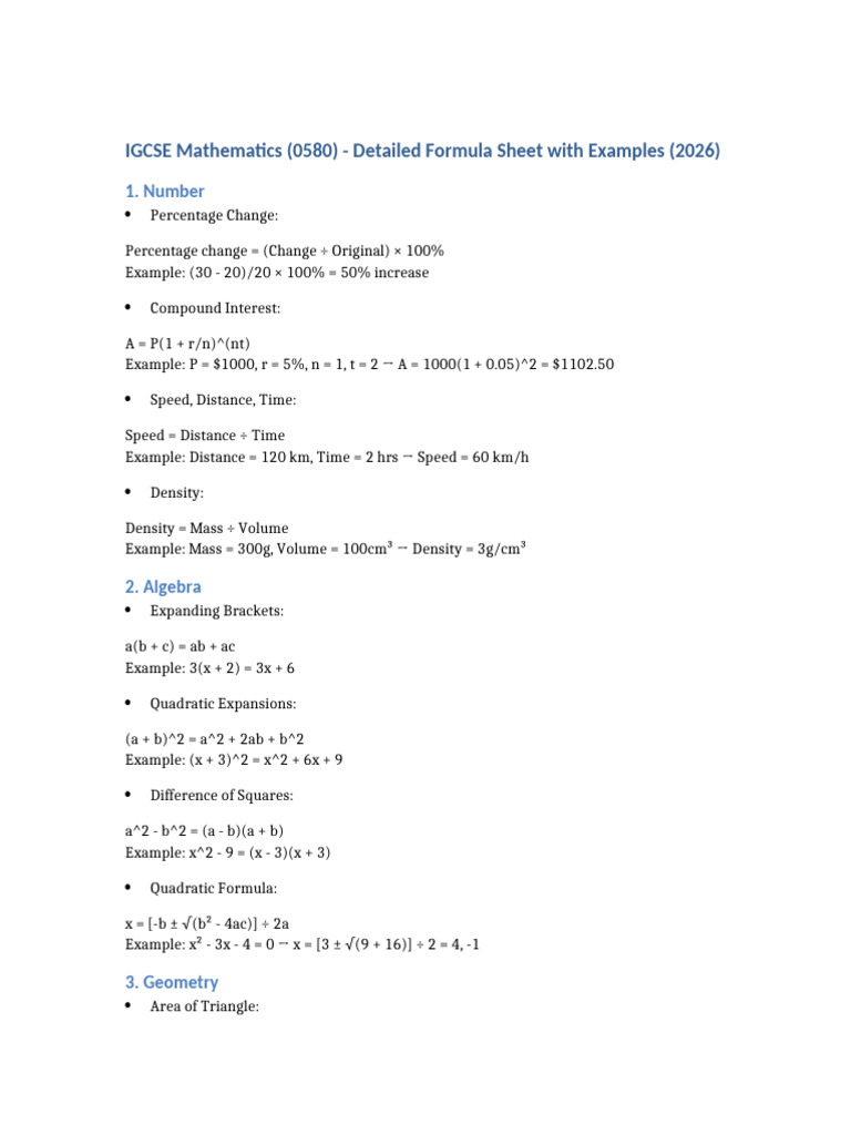 IGCSE Math 0580 Formula Sheet 2026 Detailed | PDF