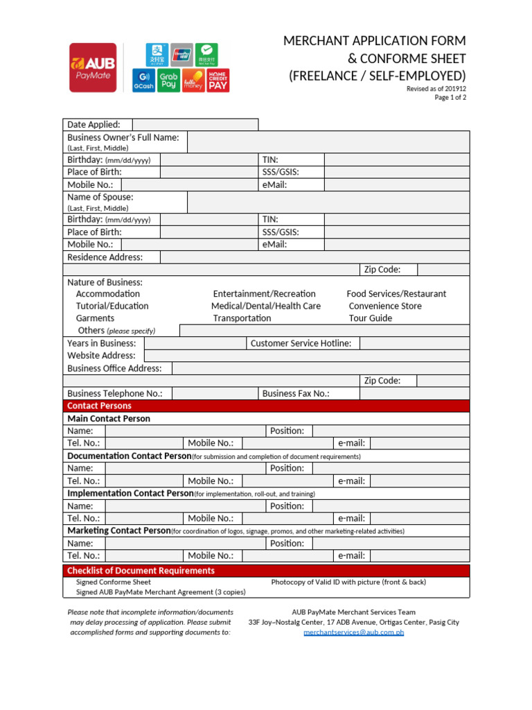 AUB PayMate Freelance Merchant Application Form | PDF | Discovery (Law ...
