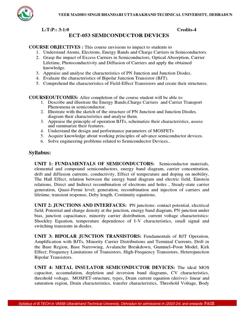 B.Tech Semiconductor Devices Syllabus 2023 | PDF | Field Effect ...