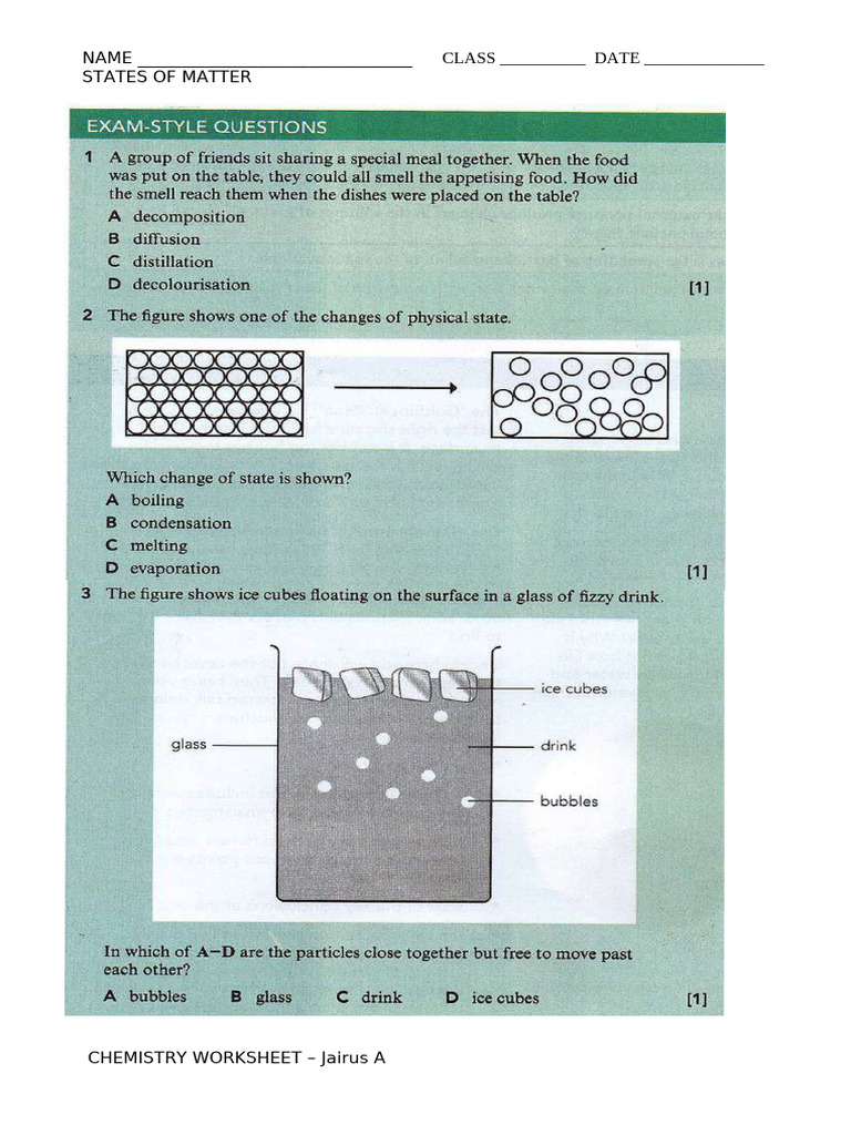States of Matter Chemistry Worksheet | PDF