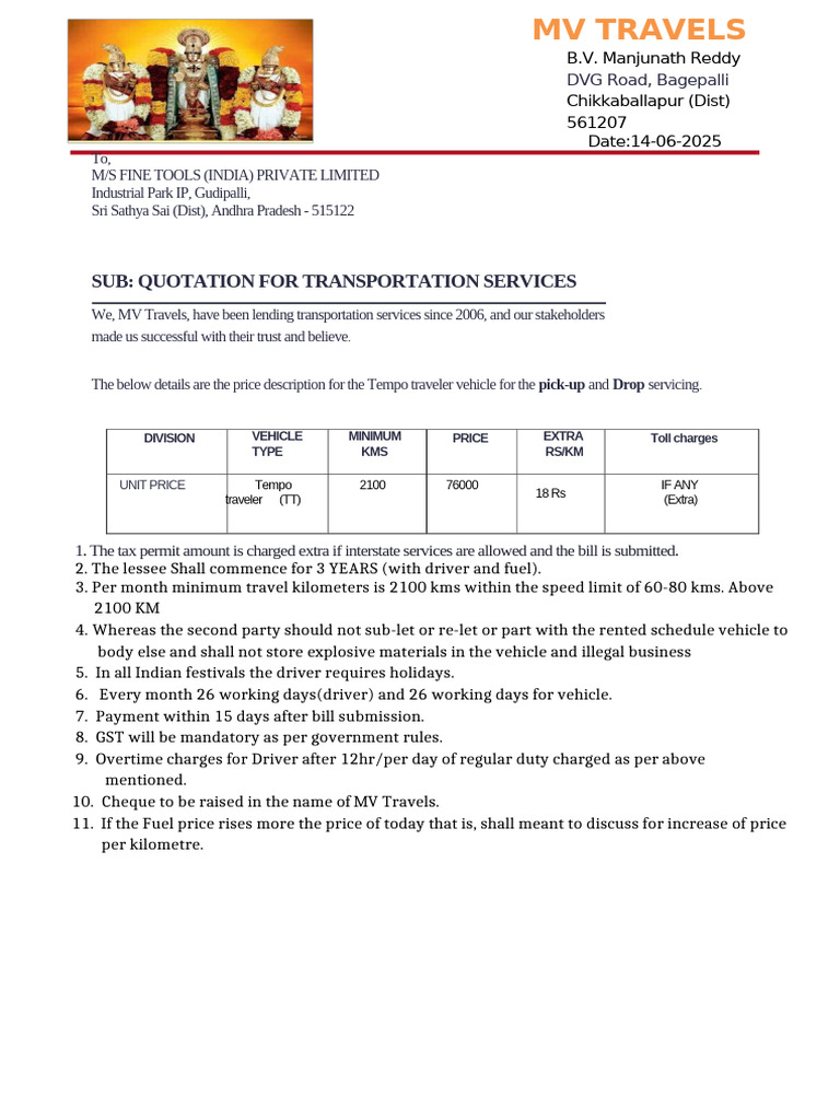 MV Travels Transportation Quotation | PDF