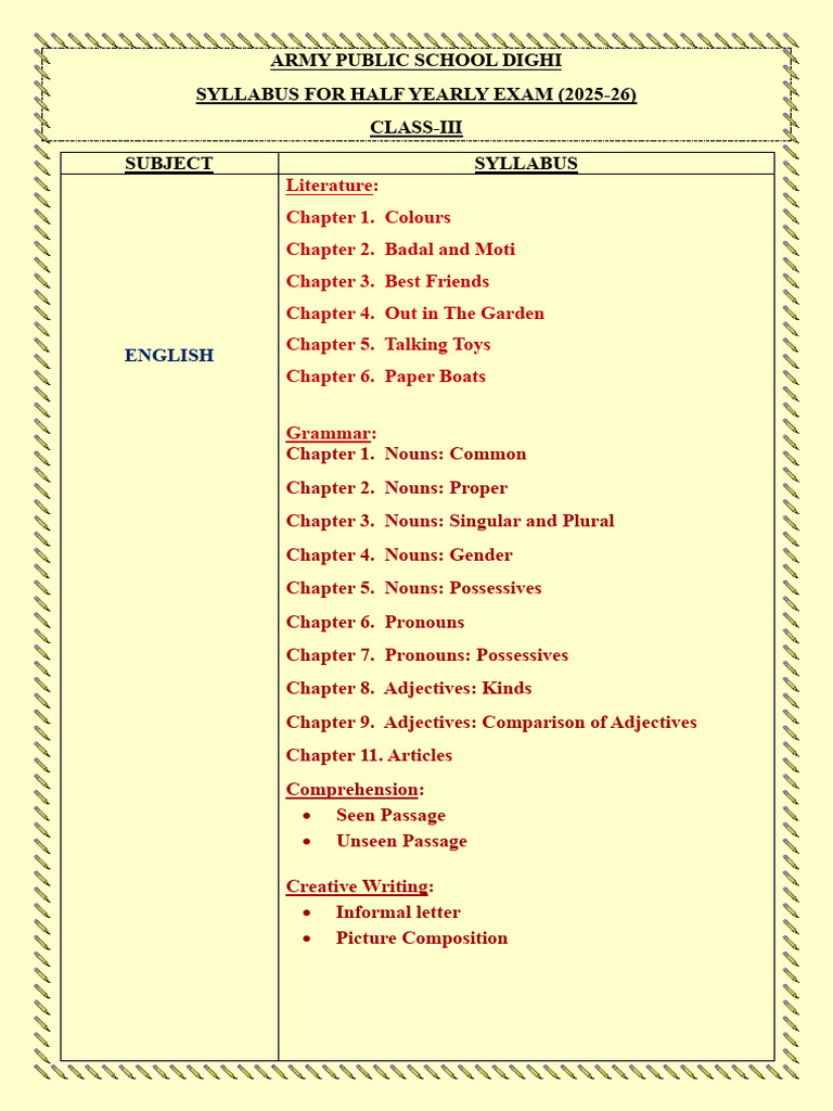 Class 3 Half Yearly Exam Syllabus 2025-26 | PDF | Noun | Adjective