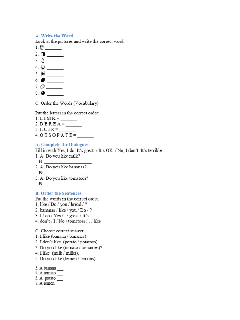 Food Vocabulary and Grammar Exercises | PDF
