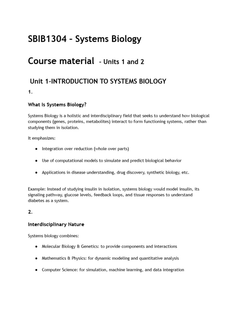 Systems Biology Units 1 and 2 Course Material | PDF | Systems Biology ...