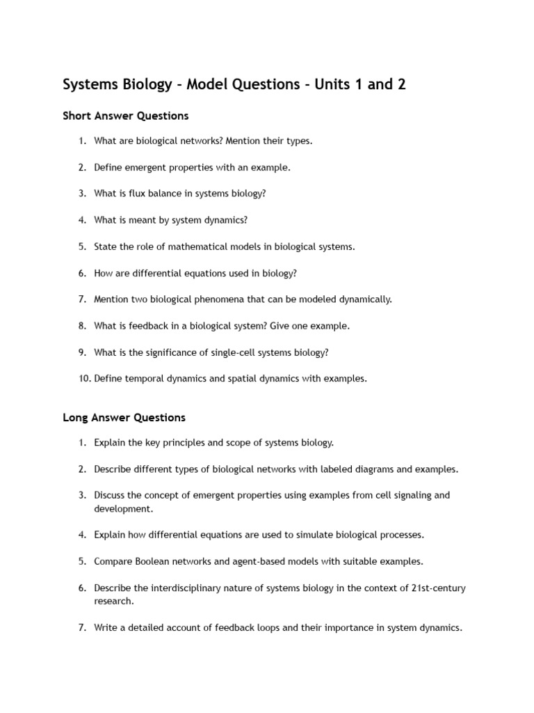 Systems Biology Model Questions Units 1 and 2 | PDF | Systems Biology | Mathematical Model
