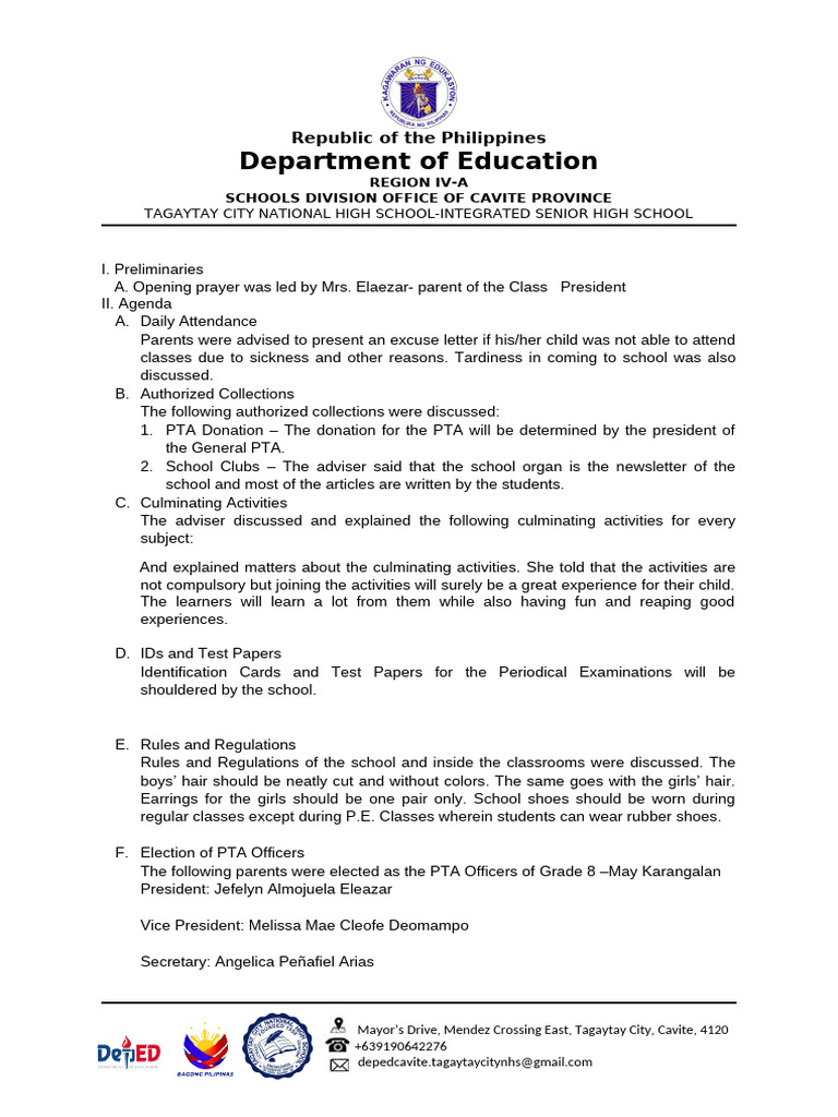 Tagaytay City High School PTA Meeting Summary | PDF