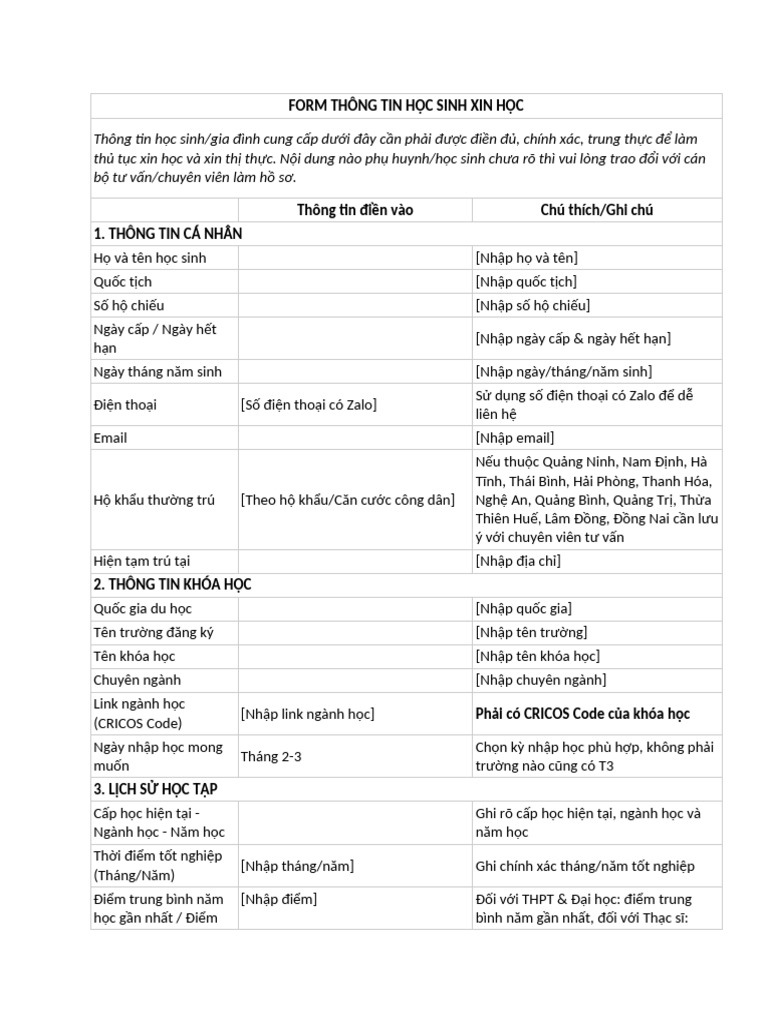 FORM THO éNG TIN HO Úc SINH XIN HO Úc | PDF