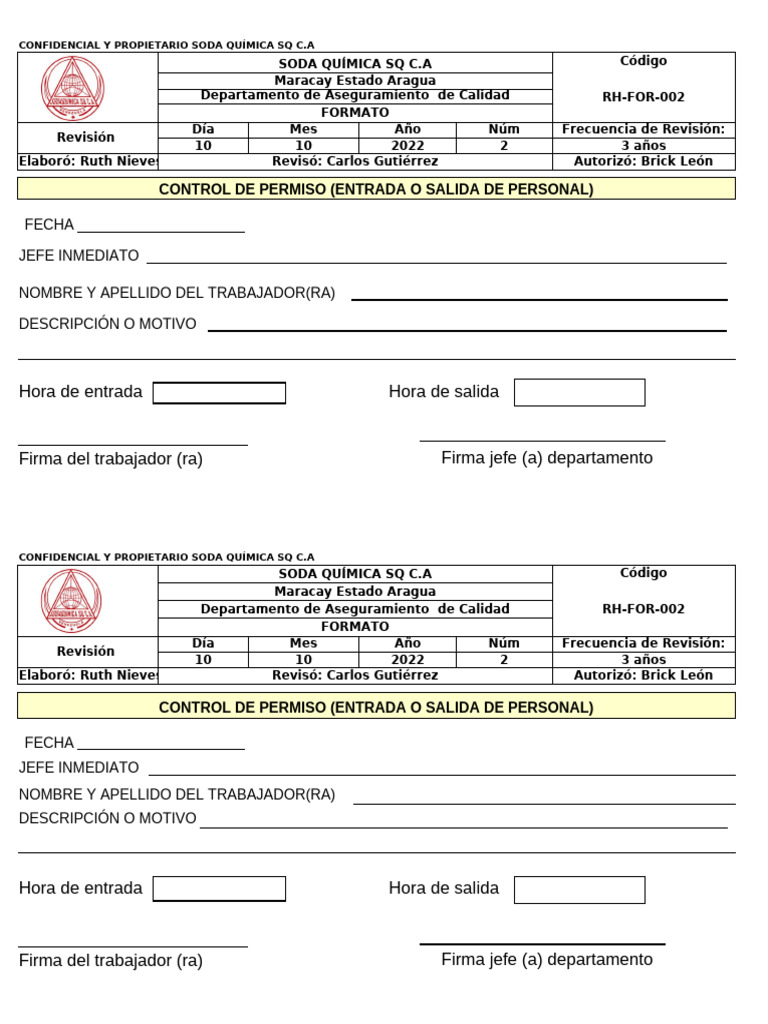 Control de Permiso (Salida y Entrada Personal) | PDF