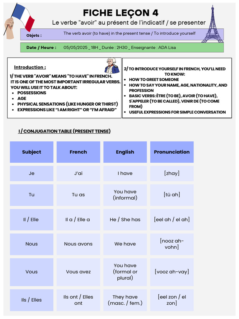 Verbe AVOIR & Se Présenter Leçon 4 | PDF | Language Families ...