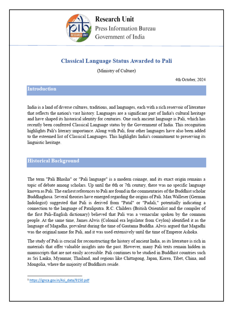 PIB - Classical Language Status Awarded To Pali | PDF | Pali | Indian ...