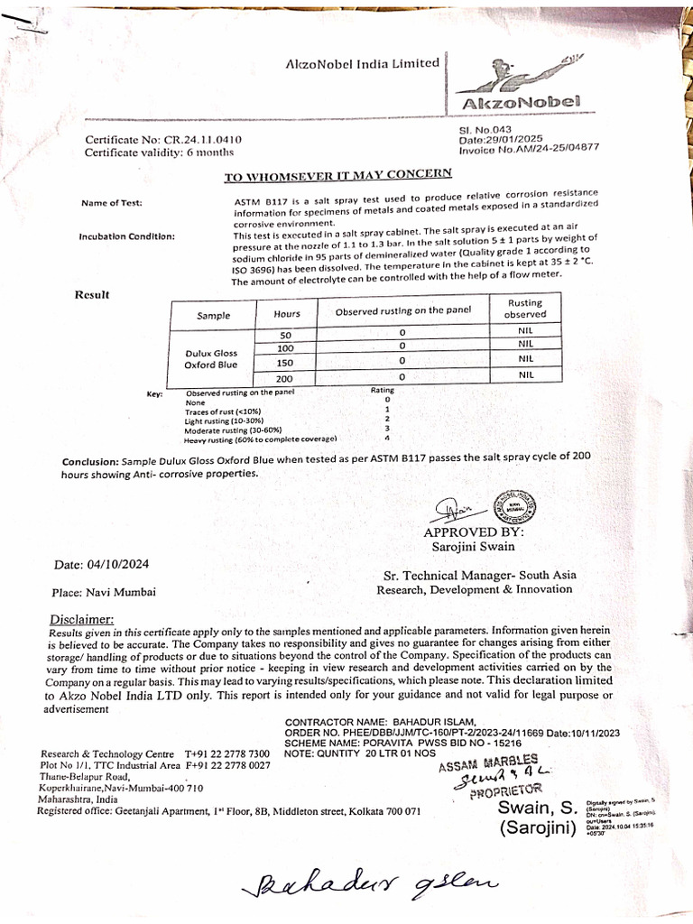 Anti Corrosive Paint Test Certificate | PDF
