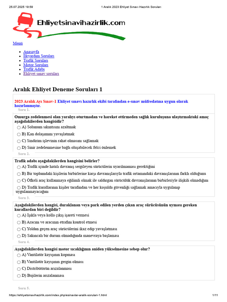 1 Aralık 2023 Ehliyet Sınavı Hazırlık Soruları | PDF