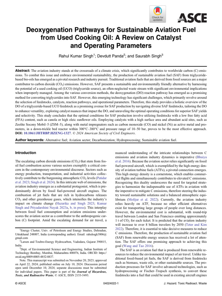 Deoxygenation Pathways For Sustainable Aviation Fuel From Used Cooking ...
