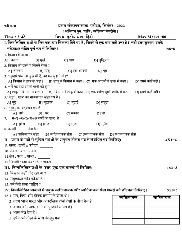 9th STD TL Hindi Sa1 Exam Question Paper 2022-23 | PDF