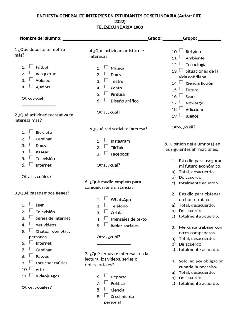 Encuesta de Intereses en Secundaria | PDF