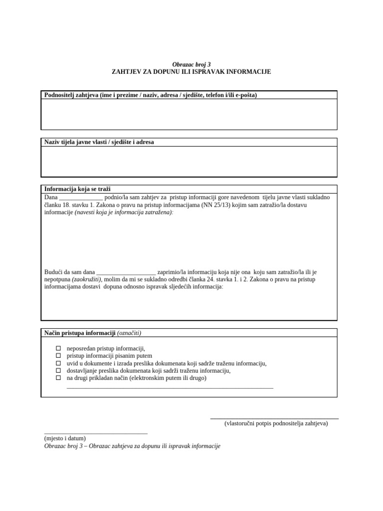 Obrazac 3 Zahtjev Za Dopunu Ili Ispravak Informacije | PDF