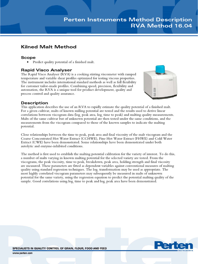 RVA Method for Malt Quality Assessment | PDF | Viscosity | Malt