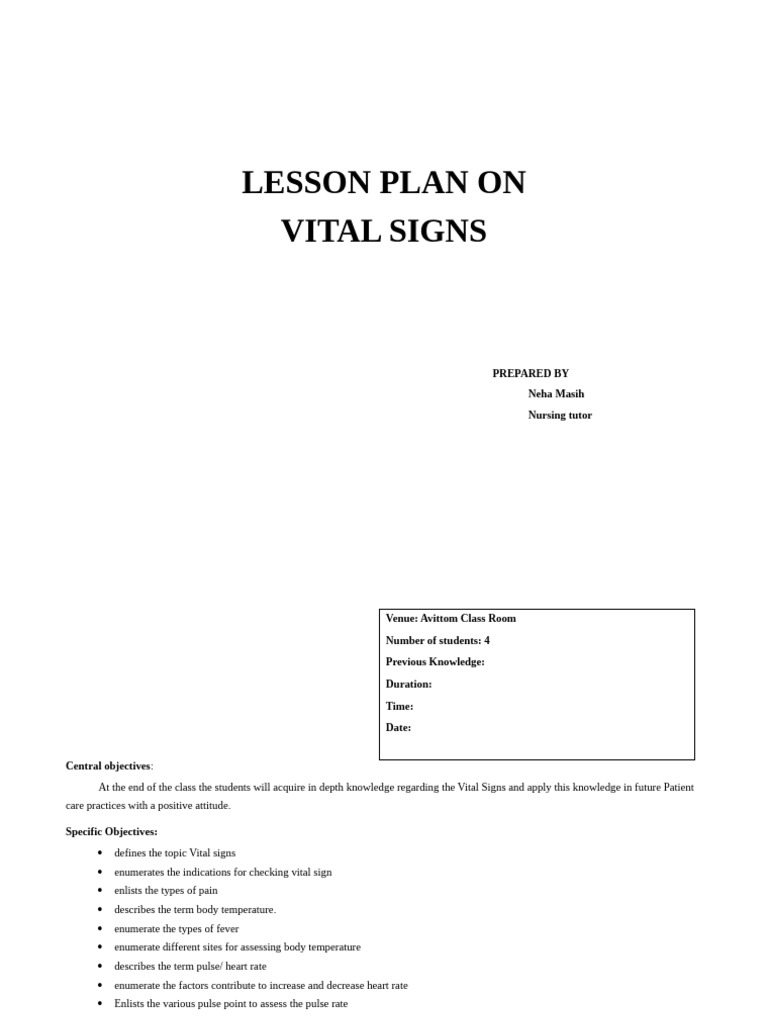 699579139 Lesson Plan on Vital Signs | PDF | Blood Pressure | Heart