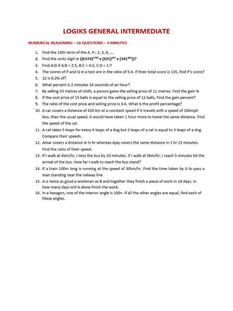 Logiks General Intermediate - Numerical Reasoning | PDF