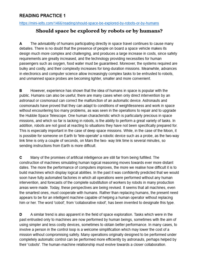 Read Practice 1 - Space Explored by Robots, Human | PDF | Space ...