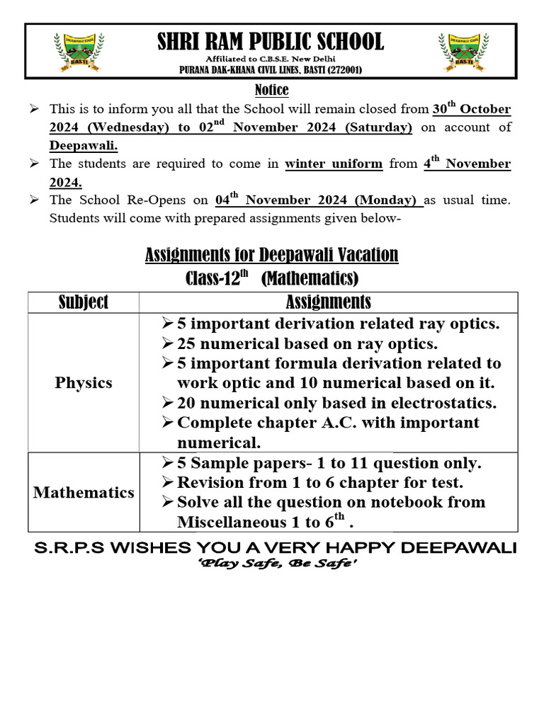 School Closure & Deepawali Assignments | PDF | Clothing | Dress Codes