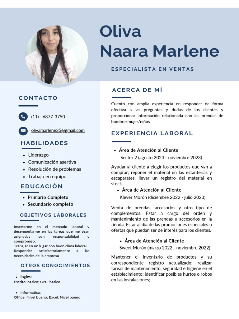 CV - Oliva Naara Marlene | PDF | Servicio al Cliente | Business