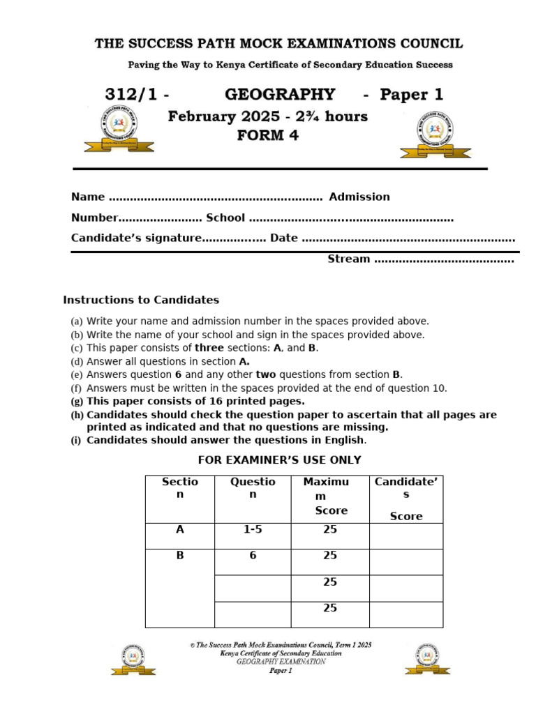 Success Feb Geography Pp1 f4 t1 Qs | PDF | Drainage Basin | Mountains