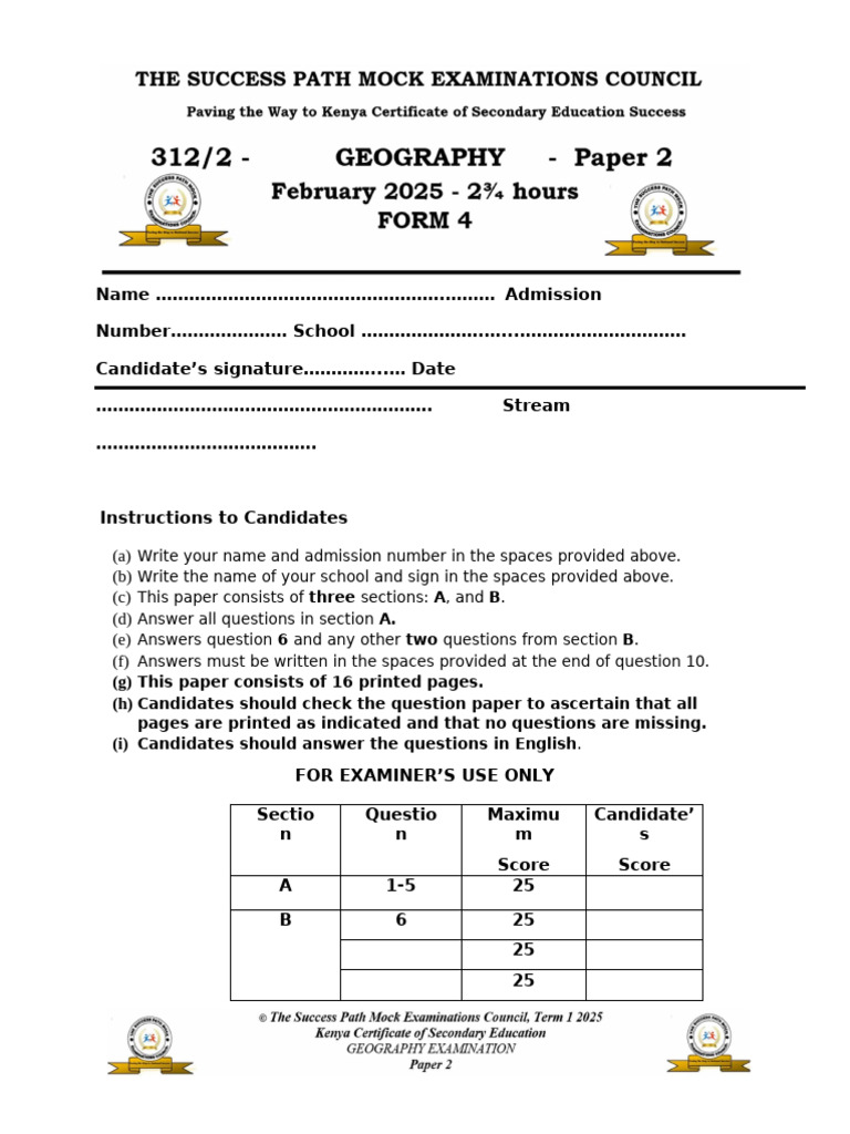 Success Feb Geography Pp2 f4 t1 Qs | PDF | Pastoralism | Kenya