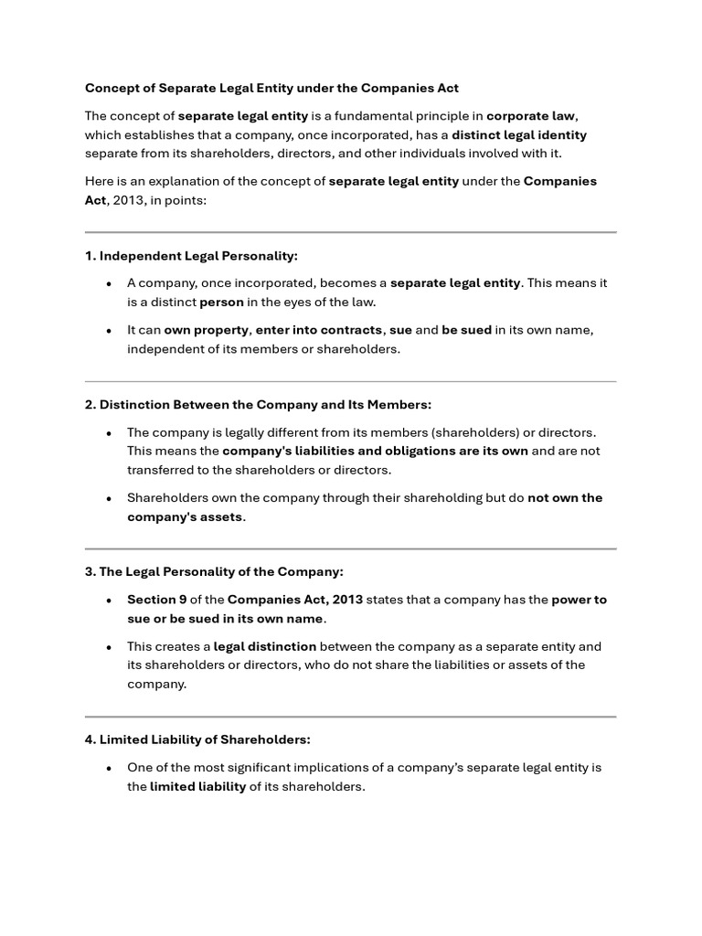 Separate Legal Entity in Company Law | PDF | Legal Liability | Limited ...
