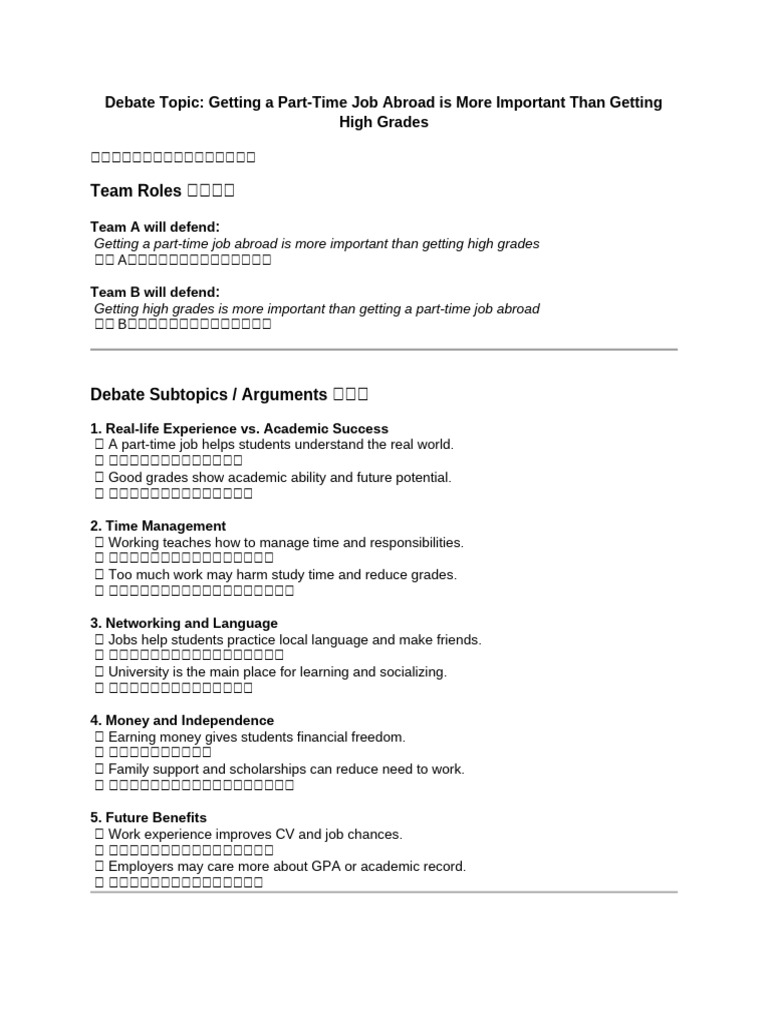 Debate Topic - Getting A Part-Time Job Abroad Is More Important Than ...