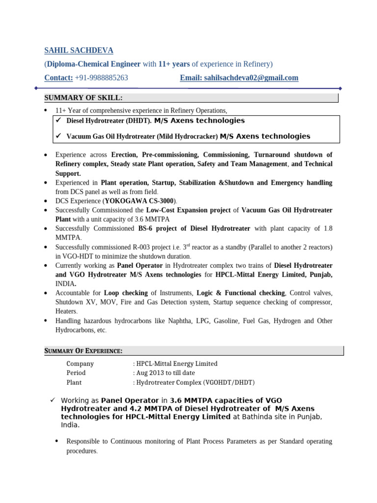 sahil CV 04.08 | PDF | Oil Refinery | Diesel Fuel
