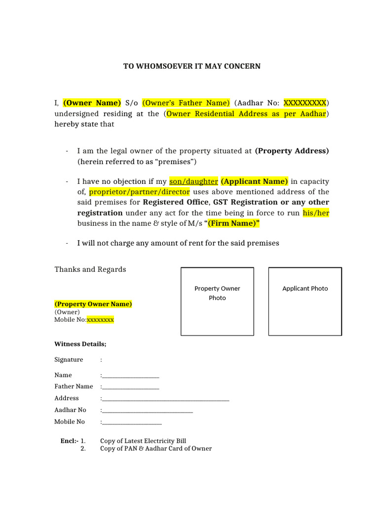 NOC Format for GST Registration | PDF