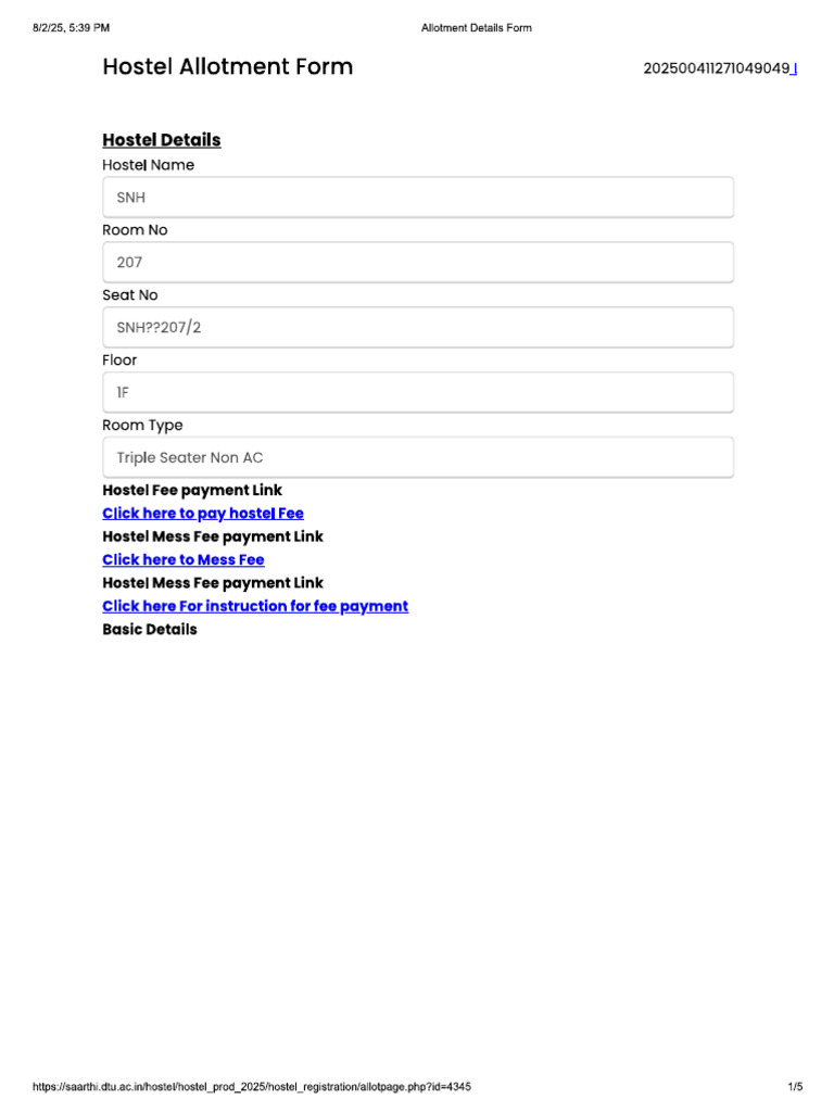 Dtu Hostel Allotment Letter | PDF