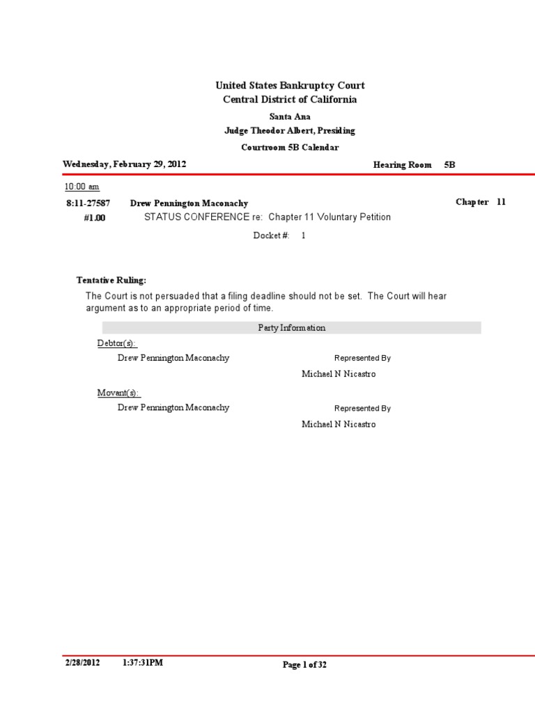 Bankruptcy Court Status Conference Agenda | PDF | Chapter 11 | Bankruptcy