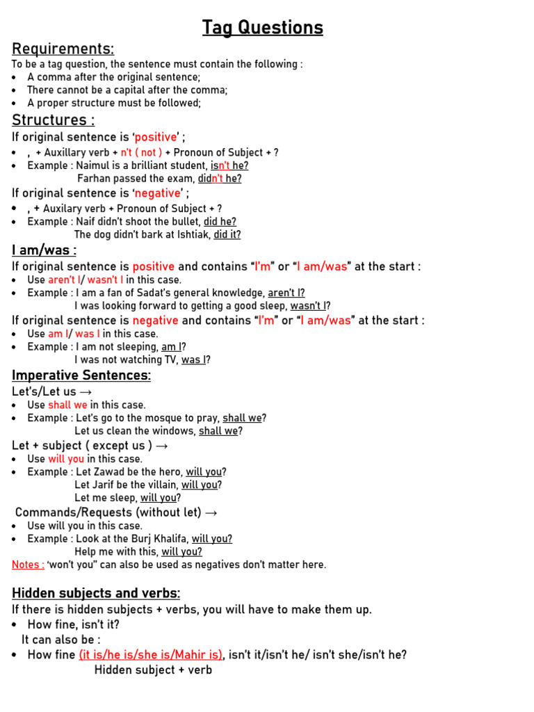 English Grammar Part Exercise Tag Questions 1 | PDF | Verb | Morphology