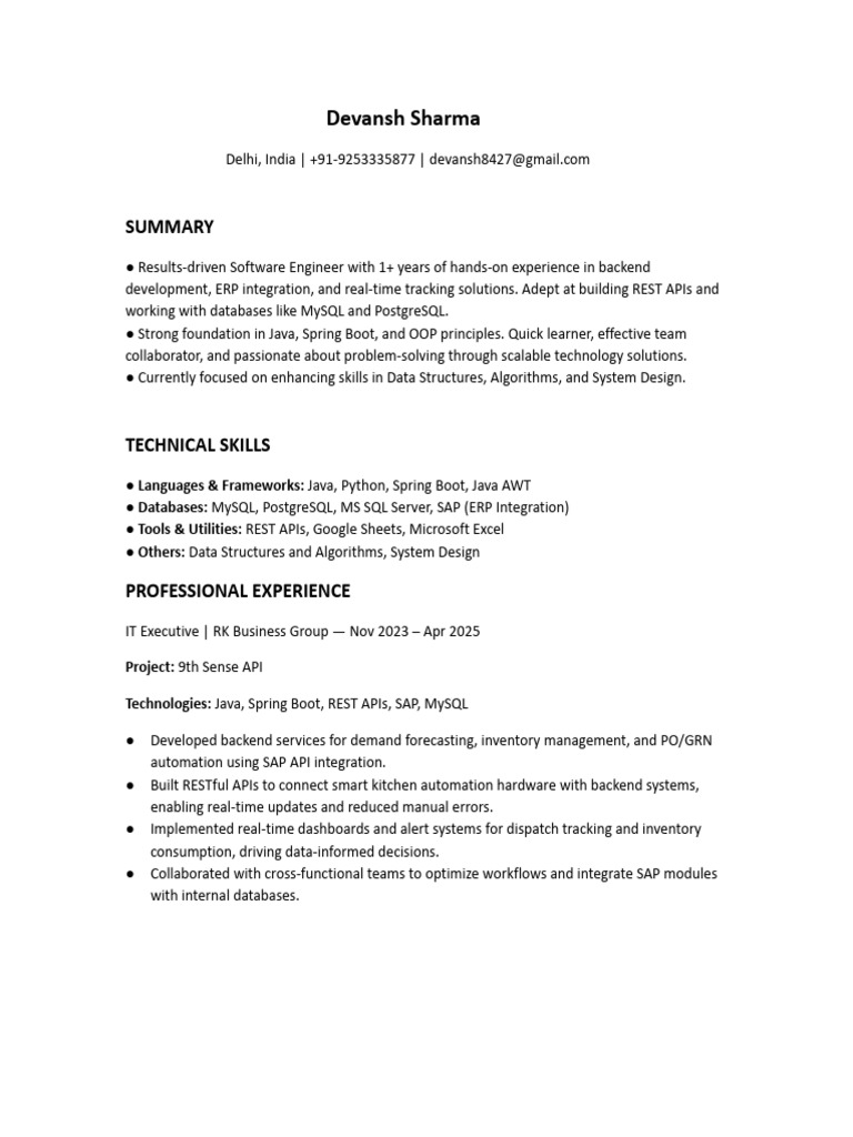 Devansh Sharma Fresher Resume | PDF