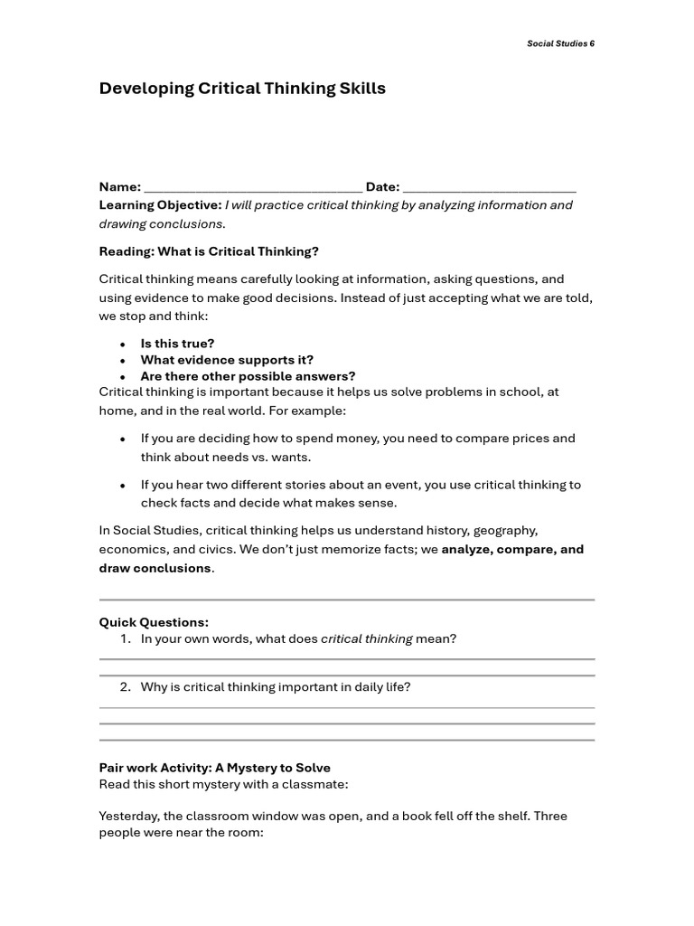 Developing Critical Thinking Skills - Worksheet SS6 | PDF | Critical ...