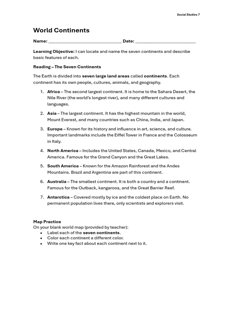 World Continents - Worksheet 7th | PDF | Continent | Earth Sciences