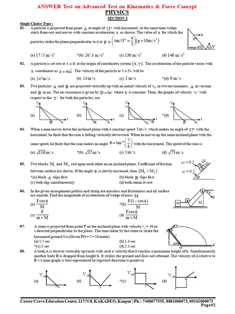 Answer Test On Kinematics & Force Concept | PDF | Acceleration | Force