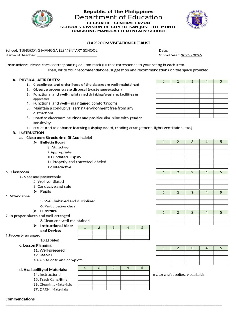 Classroom-Visitation-Checklist | PDF | Classroom | Learning