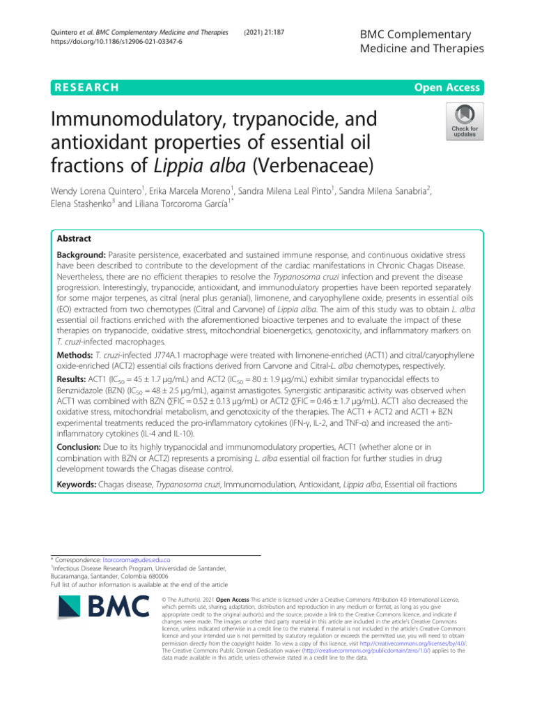 Immunomodulatory, Trypanocide, and Antioxidant Properties of Essential ...