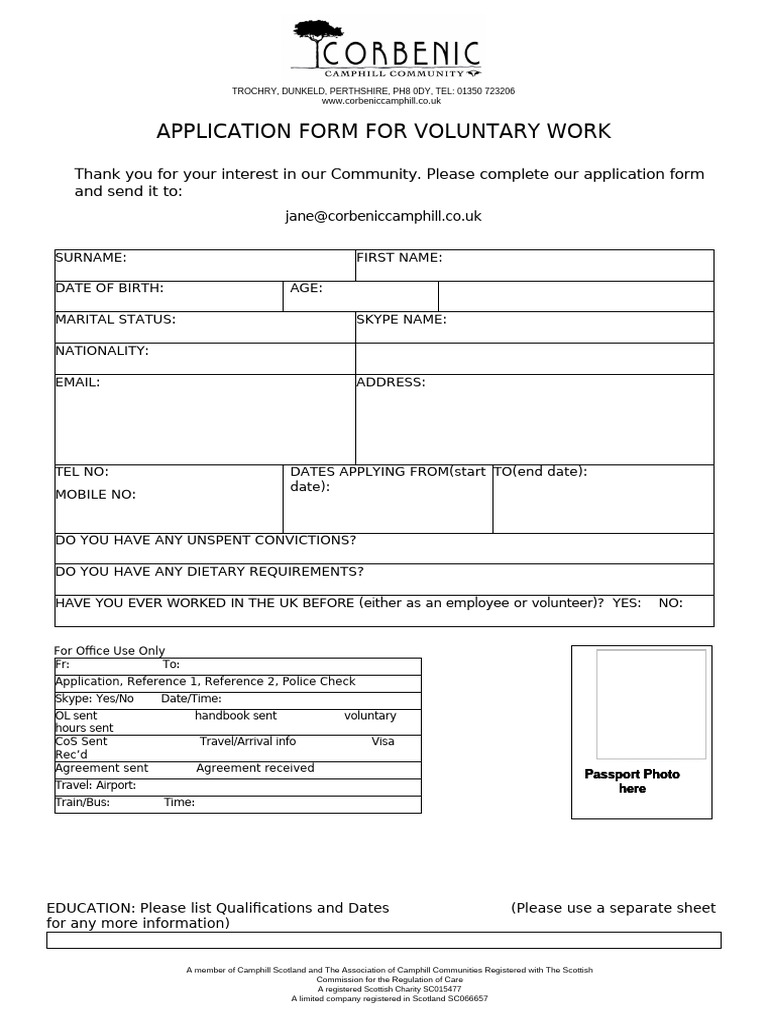 Corbenic Camphill Volunteer Application Form | PDF