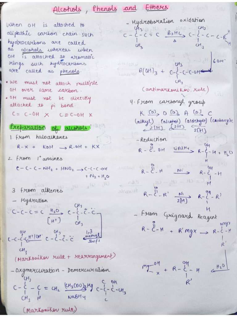 Short Notes of Alcohols, Phenols and Ethers | PDF