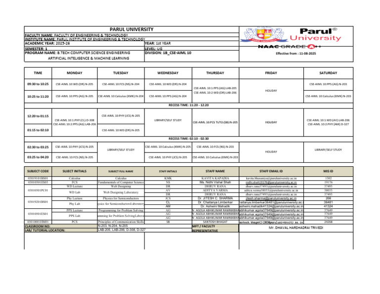 B.Tech CSE-AIML 1st Year Timetable 2025 | PDF | Academia | Educational ...