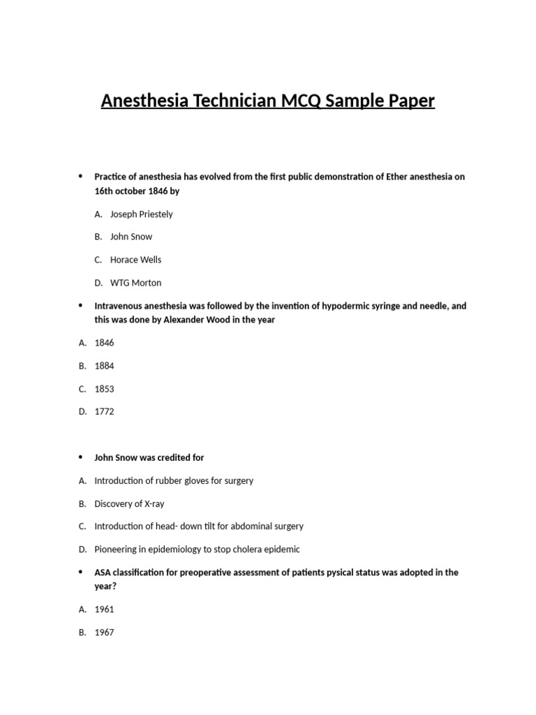 Anesthesia Technician MCQ Practice Paper | PDF | Anesthesia | Medical ...