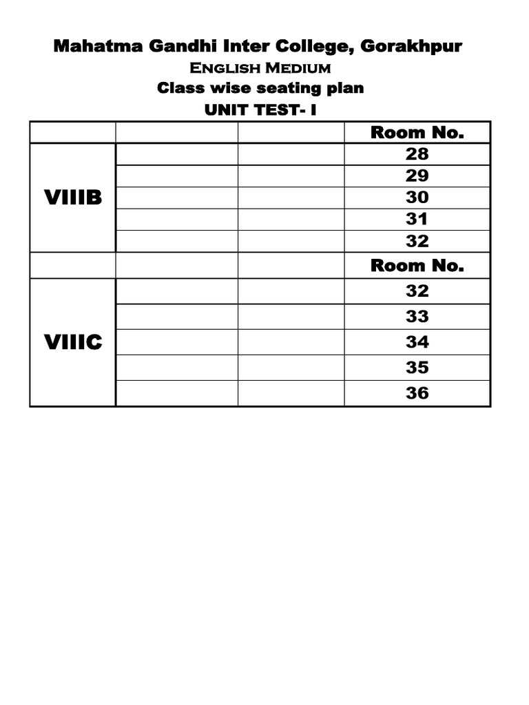 Ut-I Classwise Seating Plan For Class Viii, X & Xii | PDF