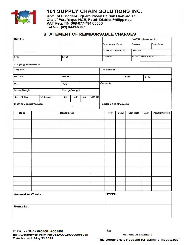 101 Chain Solutions INC Statement of Reimbursable Charges | PDF