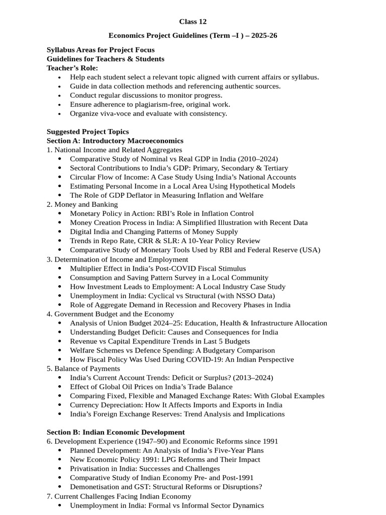 Class 12 Economics Project Guidelines | PDF | Fiscal Policy | Gross ...