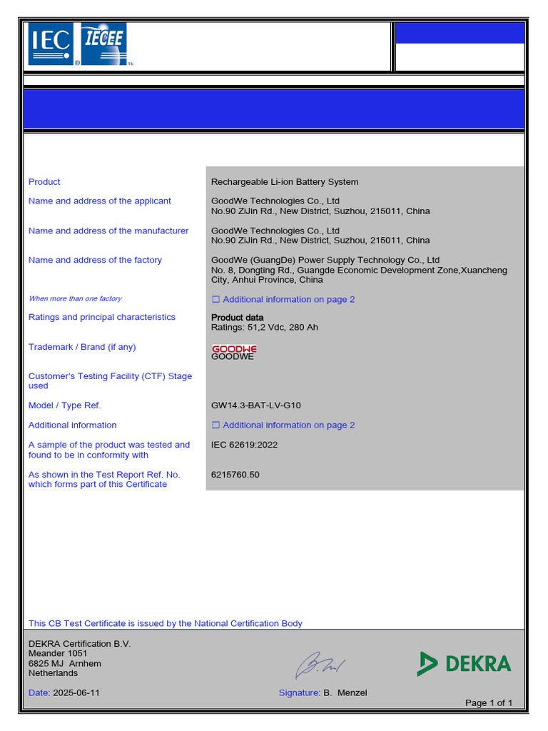 GoodWe GW14.3-BAT-LV-G10 Certificate | PDF