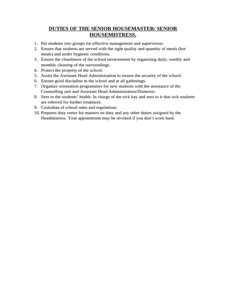 Senior Housemaster Duties Overview | PDF